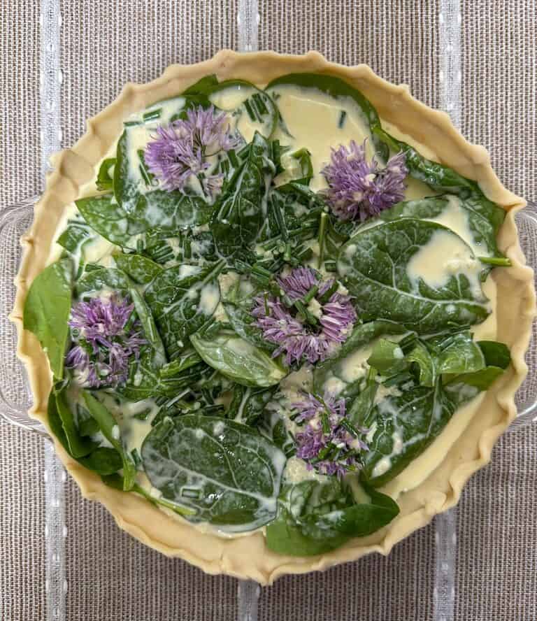 Spinach Quiche with Chive Blossoms - Hungry Dane Kitchen